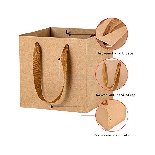 7.8inch Square Brown Kraft Paper Bags Flowers Gift Bags with Ribbon Handles,Pack of 12