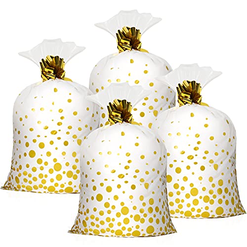 4 Pieces Plastic Multi-Color Dot Bags (36 x 48 Inch) with 4 Pieces Pull Flowers Large Packaging Wrapping Present Bags for New Parents Baby Shower Birthday Wedding Christmas Engagement Party (Golden)