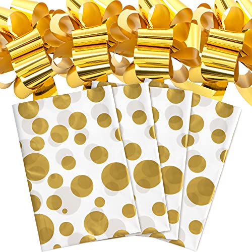 4 Pieces Plastic Multi-Color Dot Bags (36 x 48 Inch) with 4 Pieces Pull Flowers Large Packaging Wrapping Present Bags for New Parents Baby Shower Birthday Wedding Christmas Engagement Party (Golden)