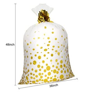 4 Pieces Plastic Multi-Color Dot Bags (36 x 48 Inch) with 4 Pieces Pull Flowers Large Packaging Wrapping Present Bags for New Parents Baby Shower Birthday Wedding Christmas Engagement Party (Golden)