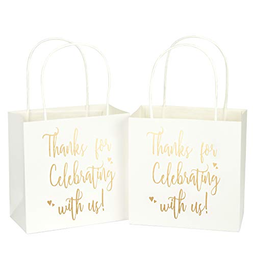 LaRibbons Small Size Gift Bags - Gold Foil Thanks for celebrating with us White Paper Bags with Handles for Wedding, Birthday, Baby Shower, Party Favors - 12 Pack - 6.5" x 3.5" x 6.5"