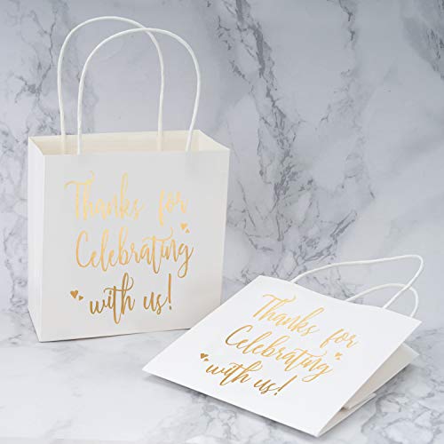 LaRibbons Small Size Gift Bags - Gold Foil Thanks for celebrating with us White Paper Bags with Handles for Wedding, Birthday, Baby Shower, Party Favors - 12 Pack - 6.5" x 3.5" x 6.5"