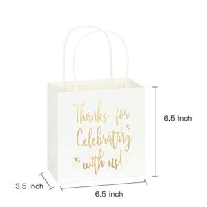 LaRibbons Small Size Gift Bags - Gold Foil Thanks for celebrating with us White Paper Bags with Handles for Wedding, Birthday, Baby Shower, Party Favors - 12 Pack - 6.5" x 3.5" x 6.5"