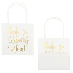 LaRibbons Small Size Gift Bags - Gold Foil Thanks for celebrating with us White Paper Bags with Handles for Wedding, Birthday, Baby Shower, Party Favors - 12 Pack - 6.5" x 3.5" x 6.5"