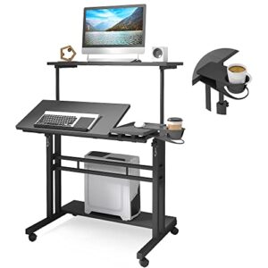 panta mobile standing desk, adjustable rolling computer desk with 3 desktops, portable laptop table with desk cup holder, home office laptop workstation on lockable wheels, black