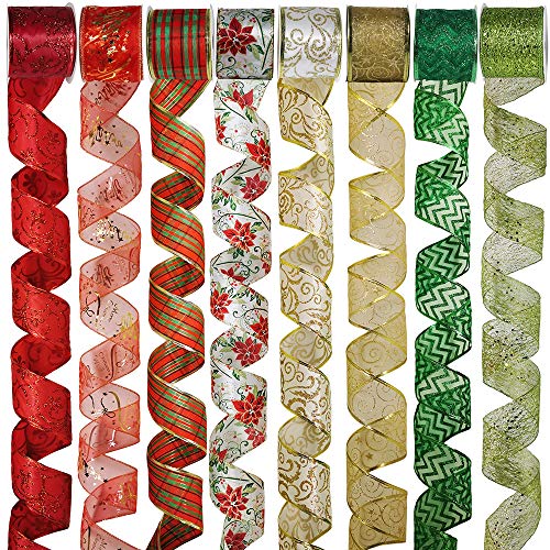 8 Rolls 48 Yards Assorted Christmas Tree Ribbon Plaid Bow Wired Ribbon Craft Gift Wrapping Ribbon Holiday Poinsettia Floral Mesh Sheer Glitter Tulle Organza Ribbon 2.5" Wide for Xmas Wreath Garland