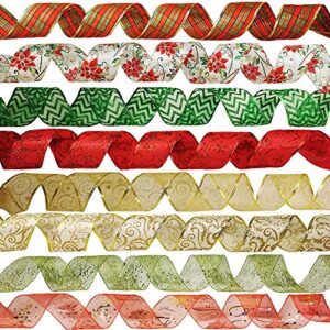 8 Rolls 48 Yards Assorted Christmas Tree Ribbon Plaid Bow Wired Ribbon Craft Gift Wrapping Ribbon Holiday Poinsettia Floral Mesh Sheer Glitter Tulle Organza Ribbon 2.5" Wide for Xmas Wreath Garland