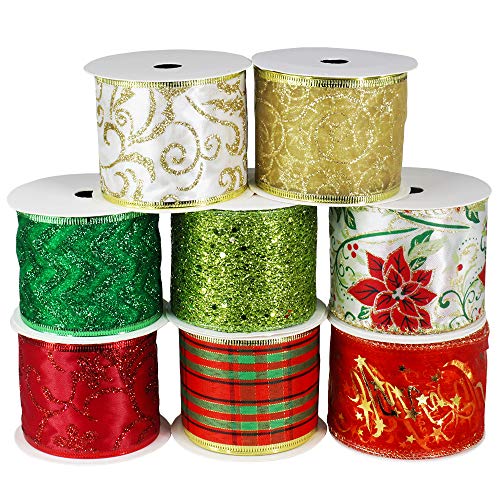 8 Rolls 48 Yards Assorted Christmas Tree Ribbon Plaid Bow Wired Ribbon Craft Gift Wrapping Ribbon Holiday Poinsettia Floral Mesh Sheer Glitter Tulle Organza Ribbon 2.5" Wide for Xmas Wreath Garland