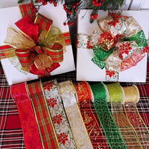 8 Rolls 48 Yards Assorted Christmas Tree Ribbon Plaid Bow Wired Ribbon Craft Gift Wrapping Ribbon Holiday Poinsettia Floral Mesh Sheer Glitter Tulle Organza Ribbon 2.5" Wide for Xmas Wreath Garland