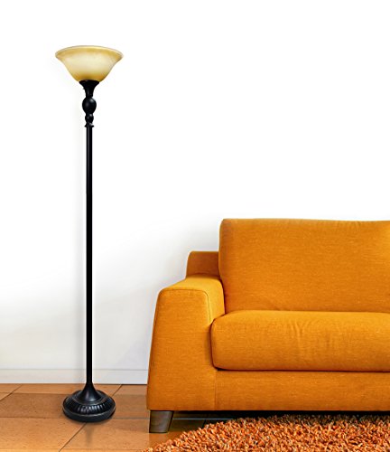 Elegant Designs LF2001-RBZ 1 Light Restoration Bronze Torchiere Floor Lamp with Marbelized Amber Glass Shade