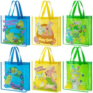 JOYIN 6 Pcs Easter Gift Bags, 13" x 13" x 4" Big Size Non Woven Easter Goodie Bags Party Treat Bags with Handles for Easter Egg Hunt, Reusable Easter Rabbit Bunny Bag for Kids Party Favor Supplies