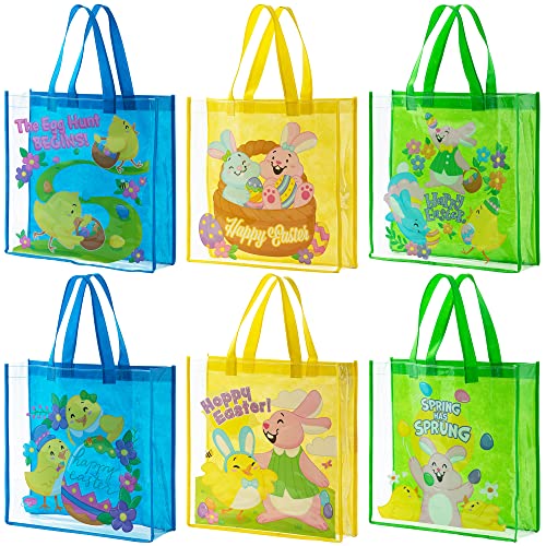 JOYIN 6 Pcs Easter Gift Bags, 13" x 13" x 4" Big Size Non Woven Easter Goodie Bags Party Treat Bags with Handles for Easter Egg Hunt, Reusable Easter Rabbit Bunny Bag for Kids Party Favor Supplies