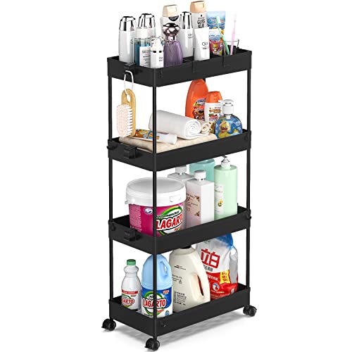 SPACELEAD Storage Cart 4 Tier, Storage Organizer Bathroom Rolling Utility Cart, Slide Out Mobile Shelving Unit Cart with Wheels, Office, Bathroom, Kitchen, Laundry Room & Narrow Places( Black )