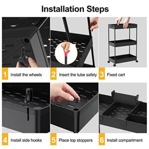 SPACELEAD Storage Cart 4 Tier, Storage Organizer Bathroom Rolling Utility Cart, Slide Out Mobile Shelving Unit Cart with Wheels, Office, Bathroom, Kitchen, Laundry Room & Narrow Places( Black )