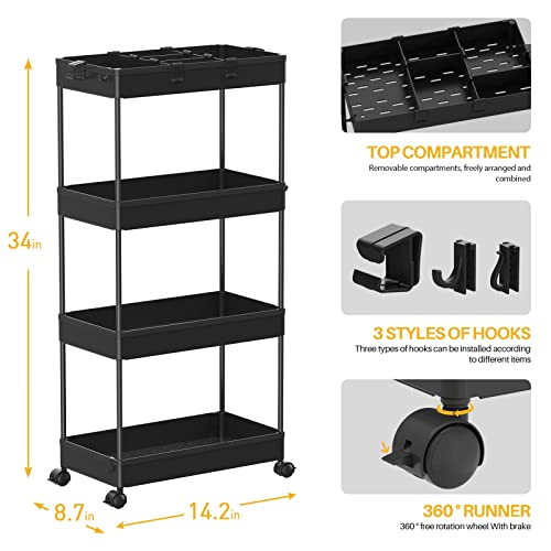 SPACELEAD Storage Cart 4 Tier, Storage Organizer Bathroom Rolling Utility Cart, Slide Out Mobile Shelving Unit Cart with Wheels, Office, Bathroom, Kitchen, Laundry Room & Narrow Places( Black )