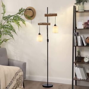 floor lamps for living room,farmhouse industrial floor lamps,68 inch 2 lights wood standing lamp,sturdy base tall vintage pole light, metal black floor lamps bedroom office rustic home (brown)