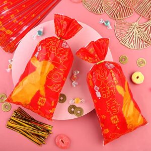 MIMIND 100 Pieces 2023 Chinese New Year Cellophane Treat Bags Chinese Lunar Rabbit New Year Party Bags Plastic Candy Bags with Twist Ties for 2023 Chinese New Year Party Supplies, 2 Designs