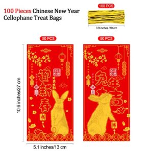 MIMIND 100 Pieces 2023 Chinese New Year Cellophane Treat Bags Chinese Lunar Rabbit New Year Party Bags Plastic Candy Bags with Twist Ties for 2023 Chinese New Year Party Supplies, 2 Designs