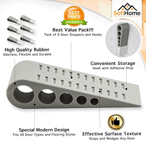 Door Stopper 6 Pack [1.3" high] - Bonus Holders - SofiHome Premium Heavy Duty Door Stop Rubber Wedge with Decorative Holder - Ideal for Large & Small Door Gaps - The Improved (6, Gray)