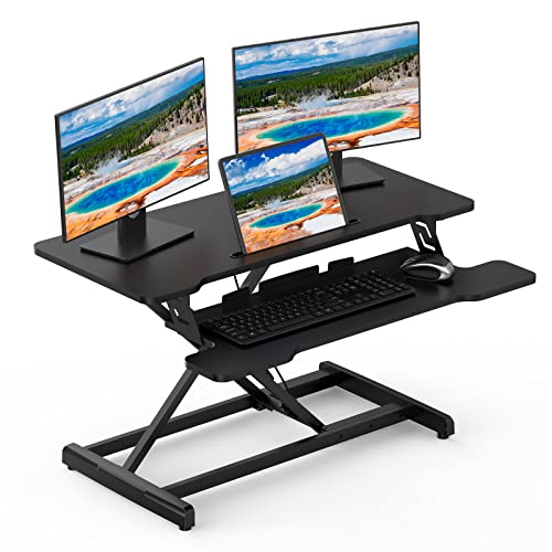 Standing Desk Converter - 35''Wide Stand Up desk Converter for Dual Monitor & Laptop w/Keyboard Tray,Sit to Stand Ergonomic Height Adjustable Riser Converter Computer Workstation for Home Office,Black