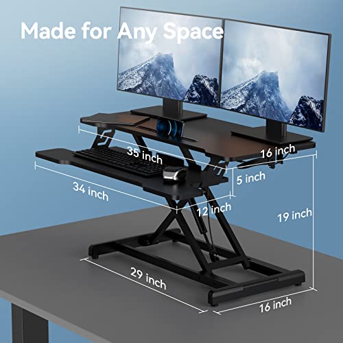 Standing Desk Converter - 35''Wide Stand Up desk Converter for Dual Monitor & Laptop w/Keyboard Tray,Sit to Stand Ergonomic Height Adjustable Riser Converter Computer Workstation for Home Office,Black