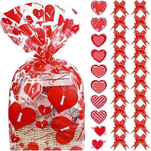 Geyee 80 Pieces Valentine Basket Bags Large Clear Cellophane Basket Bags Valentines Day Bags Red Heart Card Baskets Wrapping Bags with Ribbon Bows for Gift Weddings Bridal Baskets Bags 28 x 39 Inch