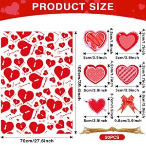 Geyee 80 Pieces Valentine Basket Bags Large Clear Cellophane Basket Bags Valentines Day Bags Red Heart Card Baskets Wrapping Bags with Ribbon Bows for Gift Weddings Bridal Baskets Bags 28 x 39 Inch