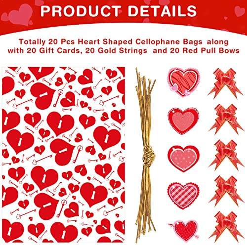 Geyee 80 Pieces Valentine Basket Bags Large Clear Cellophane Basket Bags Valentines Day Bags Red Heart Card Baskets Wrapping Bags with Ribbon Bows for Gift Weddings Bridal Baskets Bags 28 x 39 Inch