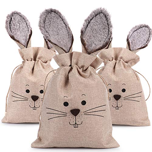 3 Pack Easter Burlap Bags Easter Bunny Tote with Drawstring Furry Bunny Ears Rabbit Easter Egg Hunts Goody Candy Treat Gift Storage Bags Kids Girls Easter Party Favor Bags(8" x 10.2")