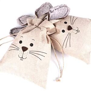 3 Pack Easter Burlap Bags Easter Bunny Tote with Drawstring Furry Bunny Ears Rabbit Easter Egg Hunts Goody Candy Treat Gift Storage Bags Kids Girls Easter Party Favor Bags(8" x 10.2")