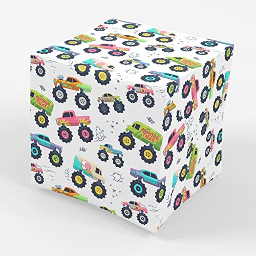 Monster Truck Party Birthday Gift Wrap Paper Folded Flat 30 x 20 Inch, 3 Sheets