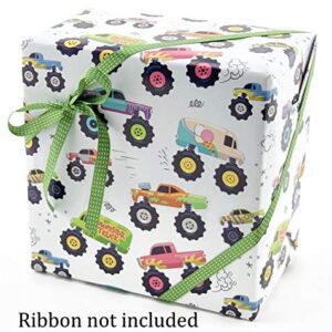 Monster Truck Party Birthday Gift Wrap Paper Folded Flat 30 x 20 Inch, 3 Sheets