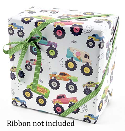 Monster Truck Party Birthday Gift Wrap Paper Folded Flat 30 x 20 Inch, 3 Sheets