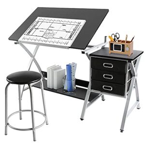 yaheetech drafting desk, drawing table for artists/adults, art desk w/stool and 3 slide drawers, painting studio design work station, adjustable tabletop