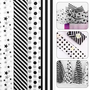 120 sheets black and white tissue paper bulk,black and white tissue paper for gift bags,white tissue paper with black star stripes polka dots pattern,14 x 20 inch