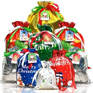 38pc christmas gift bags with colorful drawstring |10 seconds wrapping gift| holiday gift bags assorted sizes small medium large jumbo, xmas gift treat bags with tags for party favors present wrapping