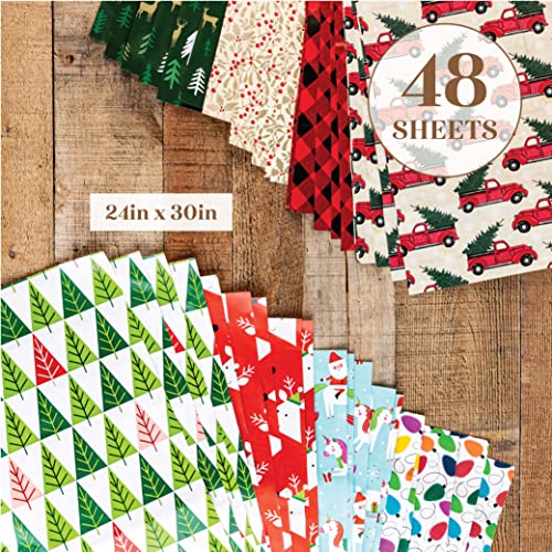 Plum Designs Flat Christmas Wrapping Paper Sheets| Bulk Pack| 8 Designs| 48 Sheets| 20in X 30in a sheet| Assorted Designs