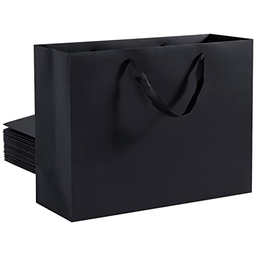 Katfort Large Black Gift Bag with Handles 12pcs, 16''×6''×12'' Extra Large Gift Bag with Ribbon Handles, Reusable Heavy Duty Kraft Black Paper Bags Bulk for Shopping, Wedding, Party, Gift, Retail