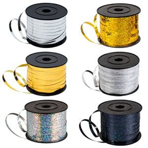 wrapaholic 6 rolls total 600 yards crimped curling ribbons – 5 mm x 100 yards/roll balloon string roll (gold, silver, black) – for christmas, birthday, party, flowers decoration, arts and crafts