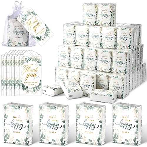 100 Packs Wedding Tissues Happy Tears Tissue Packs for Wedding Guests Wedding Favors Facial Tissues Travel Size with 100 Thank You Cards and 100 Organza Bags for Wedding Welcome Bag Stuffers