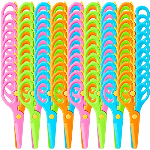 100 Pack Toddler Scissors Safety Scissors for Kids 5.4 x 2.5 Inch Plastic Scissors 3-5 Years Left Handed Scissors Spring Loaded Preschool Scissors for Paper Cutting Training Art Craft Tools Supplies