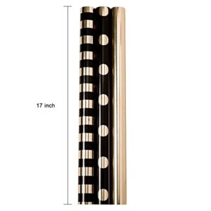 Packanewly Wrapping Paper Roll - 17 inch x 120 inch (3-Pack, 42.3 sq.ft.ttl.) Mini Roll - Black Gold Design with Big Dot, Stripe