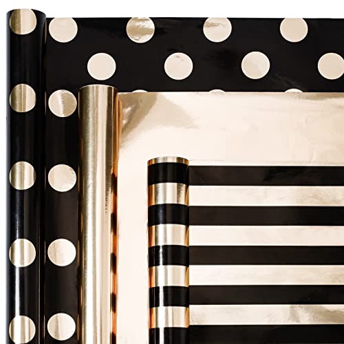 Packanewly Wrapping Paper Roll - 17 inch x 120 inch (3-Pack, 42.3 sq.ft.ttl.) Mini Roll - Black Gold Design with Big Dot, Stripe