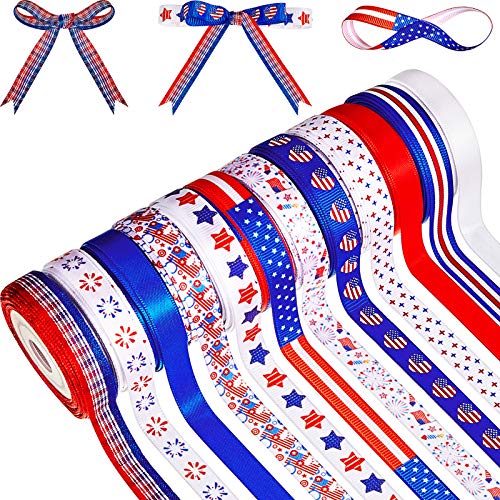 12 Rolls 60 Yards 4th of July Ribbons Red White Blue Grosgrain Ribbon Patriotic Stain Ribbons for DIY Wrapping Craft Decoration Hair Bow Wreath, 12 Styles