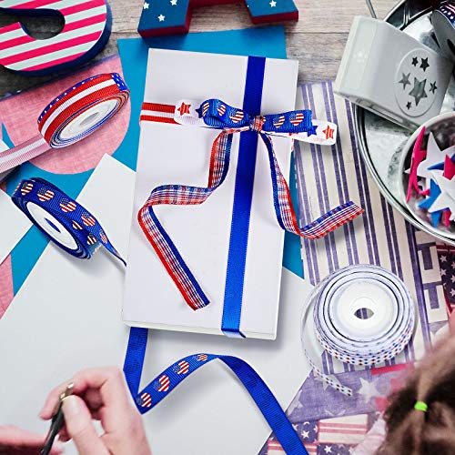 12 Rolls 60 Yards 4th of July Ribbons Red White Blue Grosgrain Ribbon Patriotic Stain Ribbons for DIY Wrapping Craft Decoration Hair Bow Wreath, 12 Styles