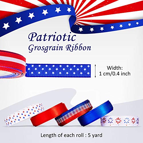 12 Rolls 60 Yards 4th of July Ribbons Red White Blue Grosgrain Ribbon Patriotic Stain Ribbons for DIY Wrapping Craft Decoration Hair Bow Wreath, 12 Styles