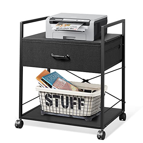 DEVAISE Mobile Printer Stand with Storage Drawer, Vintage Fabric File Cabinet Printer Cart for Home Office, Black