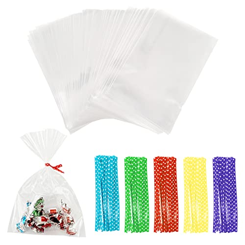 Newkita 6x9 Cellophane Goodie Bags, Clear Treat bags with 4’’ Ties for Cookies Candy Rice Crispy Cakepop Goodie Christmas Thanksgiving Halloween Party Favor Gift Bags, 100Pack