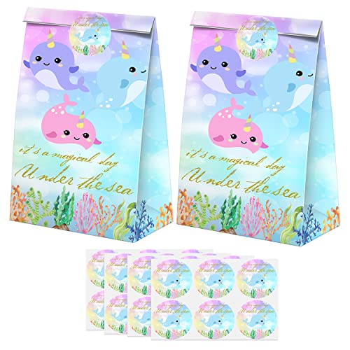 XGELUL Narwhal Party Favors Candy Bags with Stickers - Narwhal Goodie Gift Treat Bags - Narwhal Themed Birthday Party Supplies