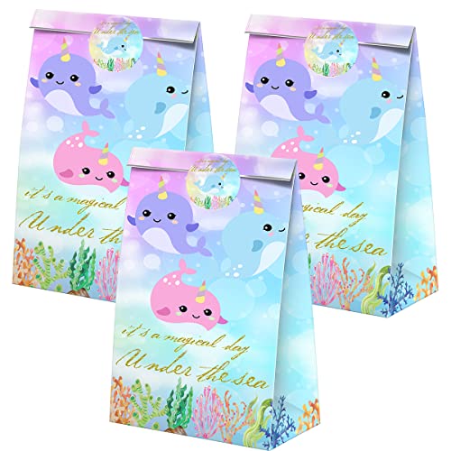 XGELUL Narwhal Party Favors Candy Bags with Stickers - Narwhal Goodie Gift Treat Bags - Narwhal Themed Birthday Party Supplies